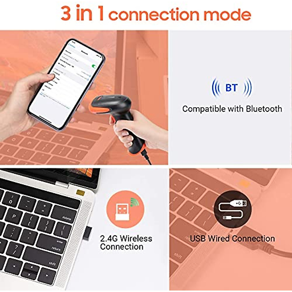 Tera Pro Fully Upgraded Wireless 2D QR Barcode Scanner with Stand, 3 in 1 Bluetooth & 2.4GHz Wireless & USB Wired, Connect Smart Phone Tablet PC, Image Bar Code Reader with Vibration Alert, HW0002