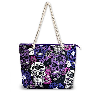 Skullistic Sugar Skull Purple Shoulder Bag - Beach, Travel & Gym, Thick Canvas, L18.5 x H13.5 x W5