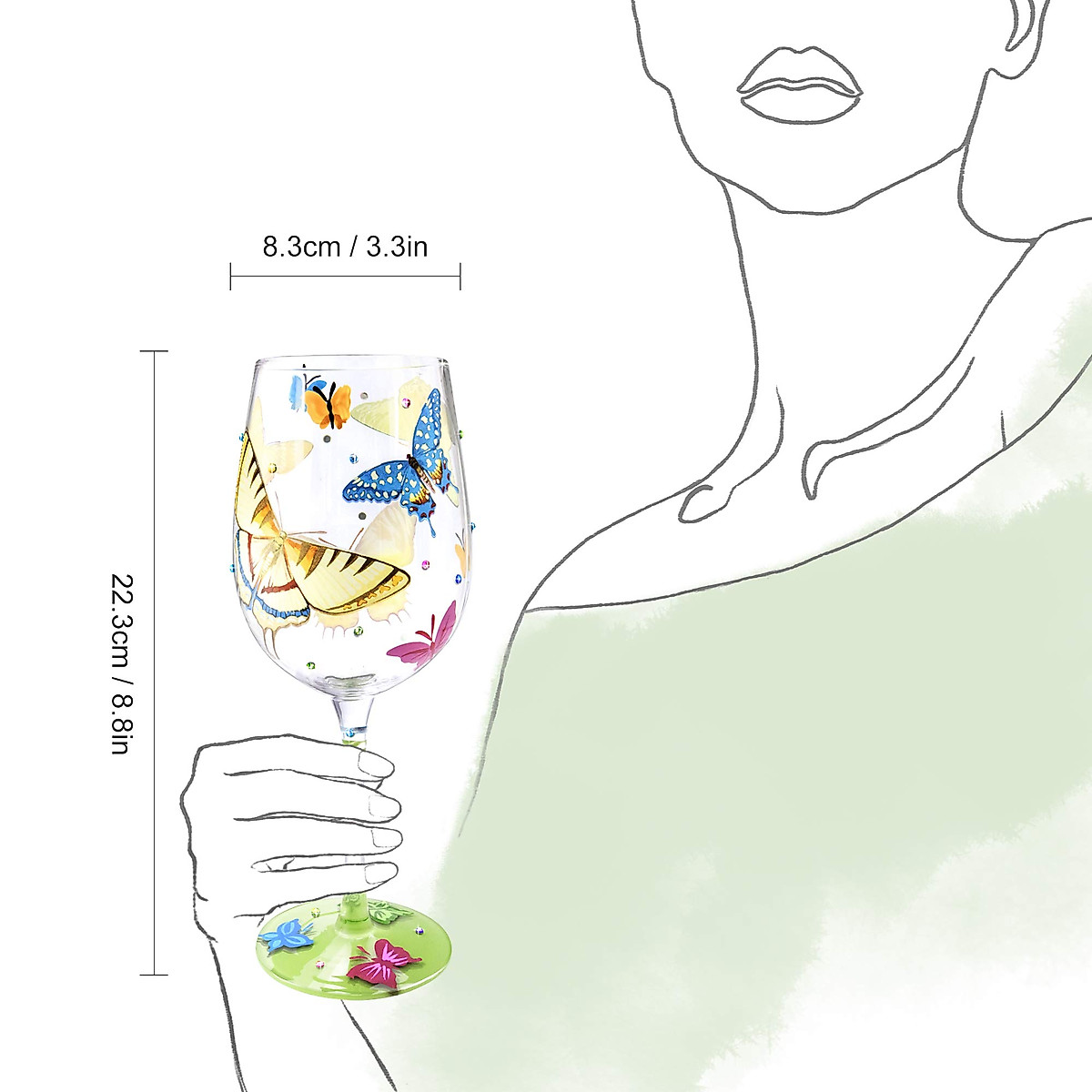 NymphFable Hand-painted Wine Glass Colorful Butterflies Artisan Painted Glass 15 oz Novelty Gift for Birthdays,Weddings,Valentine's Day