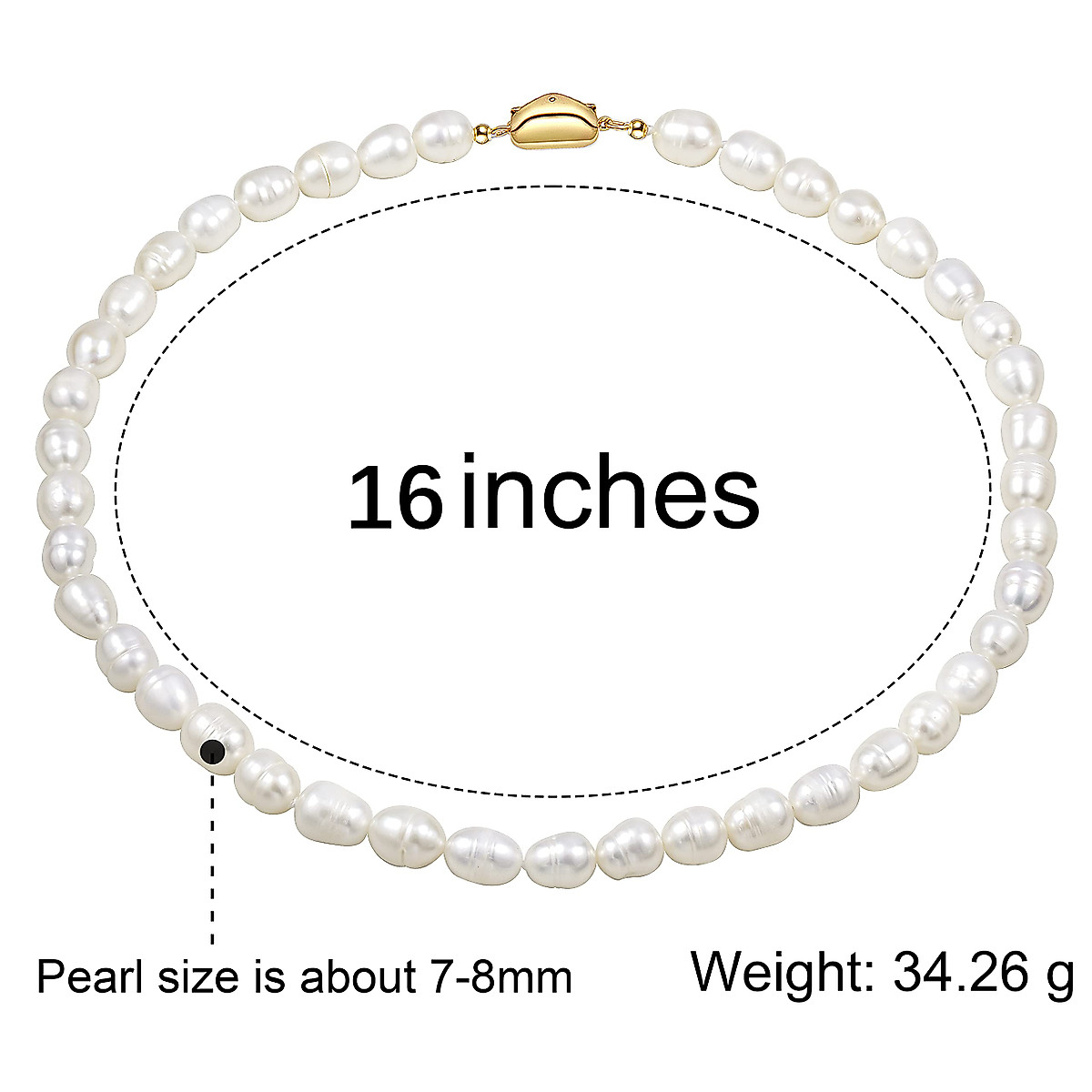 InzheG Freshwater Pearl Necklace 16 Inches 14K Gold Plated 7-8mm Cultured White Pearl Necklace Dainty Trendy Sweater Necklace Holiday Gift for Women Girls
