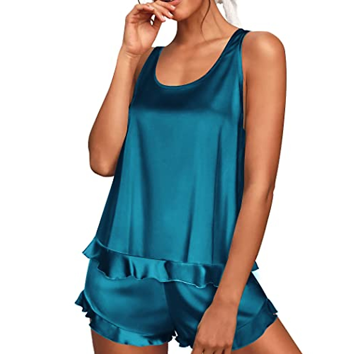 Ekouaer Silk Pajamas Set Women Satin Sleepwear 2 Piece Pjs Tank Top and Shorts Sleep Nightwear Gift Blue Green M