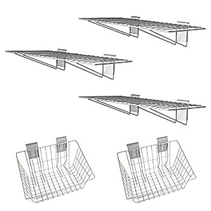 Crownwall Steel Shelf and Basket Organizer Value Kit with 5 Heavy Duty Shelves and Baskets for Storage and Organization, Compatible Slatwall