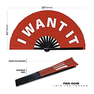 I Want It hand fan foldable bamboo circuit hand fan funny gag slang words expressions statement gifts Festival accessories Rave handheld Circuit event fan Clack fans (Red)