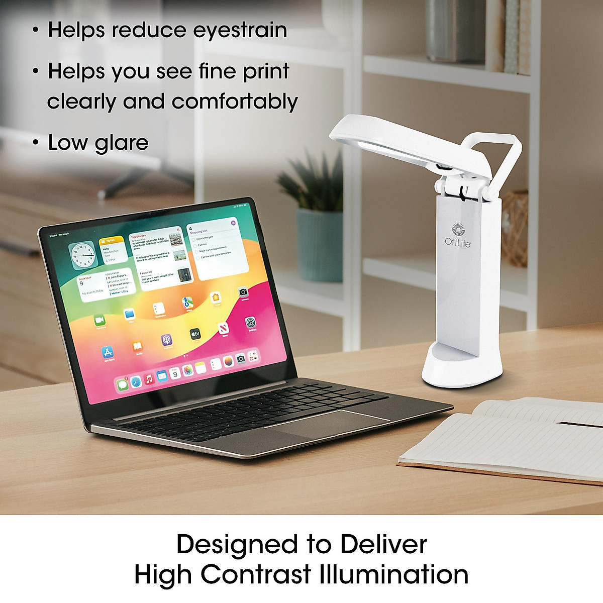 OttLite Folding Task Lamp, White – Multi-Position Shade, Fold-Up Design, Portable Handle, Low Heat & Low Glare Illumination, Fits on Desks & Workstations