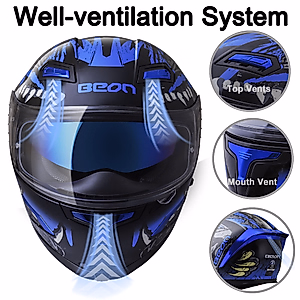 BEON Full Face Motorcycle Helmet, Street Bike Helmet with Clear&Tinted Visors and Multiple Vents, Motocross Casco DOT Approved for Adult Men Women, S-XL (L, Glossy Blue)