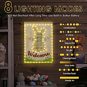 Easter Garden Flag with LED string lights 12x18 Inch Double Sided Waterproof 8 Modes Lighted Garden Flag Bunny Eggs Vertical Burlap Spring Garden Flags for Lawn Yard Decoration