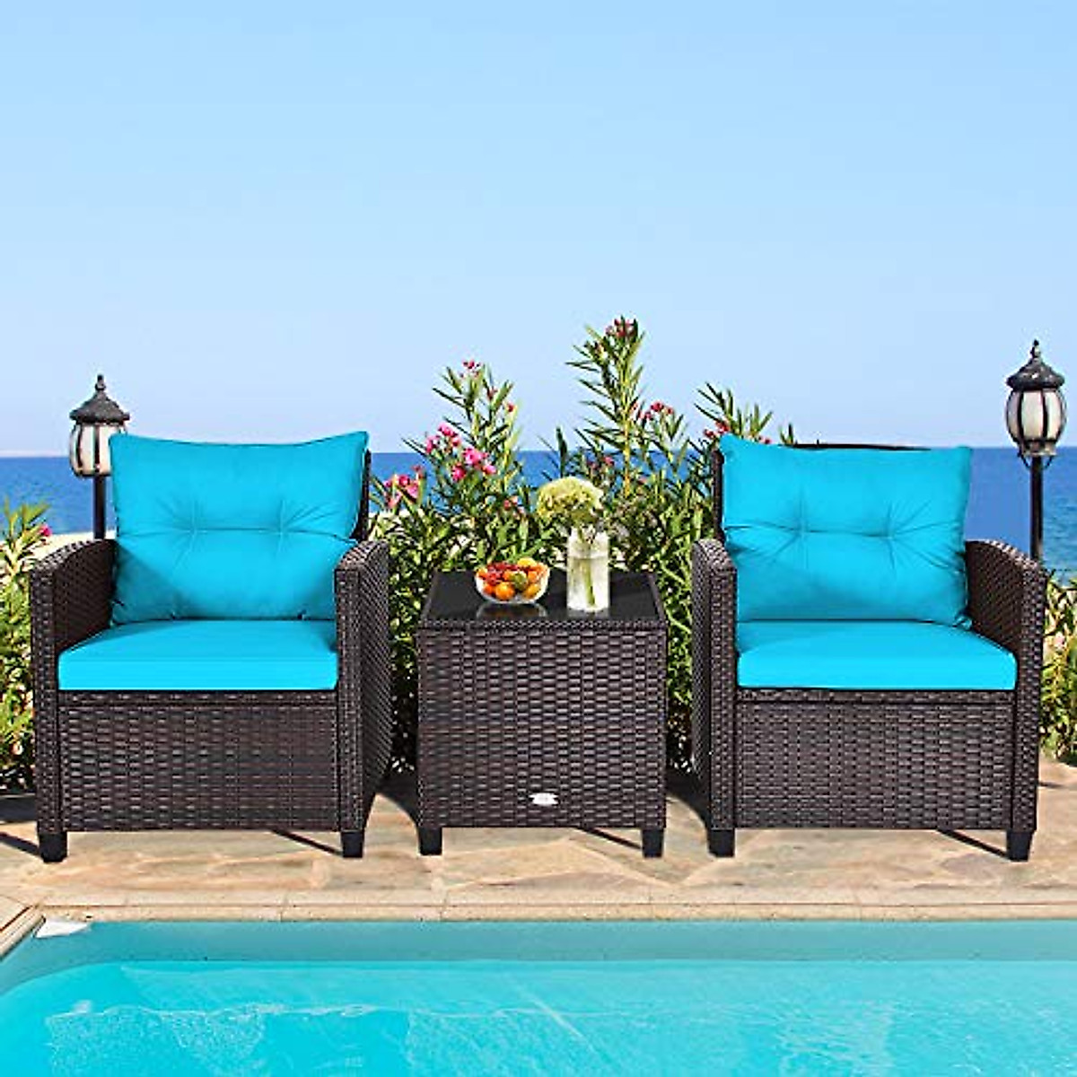 HAPPYGRILL 3-Piece Patio Furniture Set Outdoor Rattan Wicker Bistro Sofa Set Conversation Furniture with Cushion & Table
