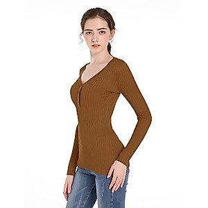 v28 Women Tops Long Sleeve V Neck Henley Button Up Casual Sexy Slim Fit Ribbed Knit Knitwear Pullover Sweater (L, Camel)