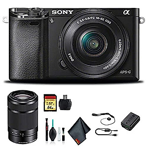 Sony Alpha a6000 Mirrorless Camera with 16-50mm and 55-210mm Lenses ILCE6000Y/B with Soft Bag, 64GB Memory Card, Card Reader, Plus Essential Accessories