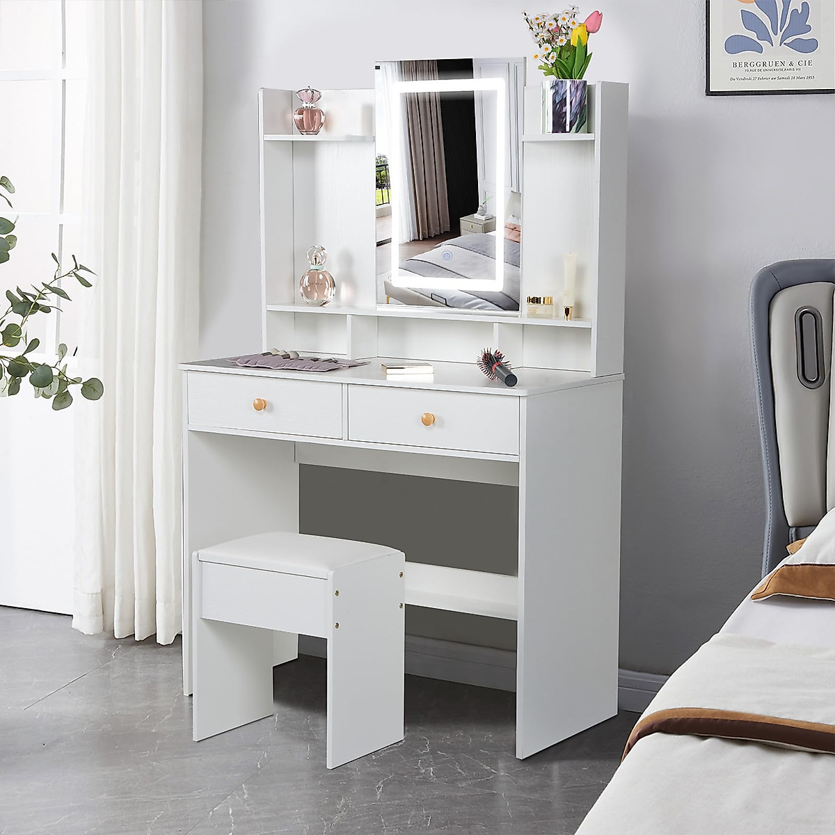 Caulitar Vanity Desk with Mirror and Lights-3 Color and Brightness Adjustable, Vanity Set with Drawers and Chair, White Makeup Vanity Table for Girls