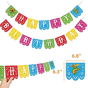 Joy Bang Fiesta Birthday Banner Decorations, Mexican Theme Party Decor, Cinco de Mayo Happy Birthday Banner Papel Picado Garland, Feliz Cumpleaños Banner for Kids Adults, Fiesta Party Favor Supplies