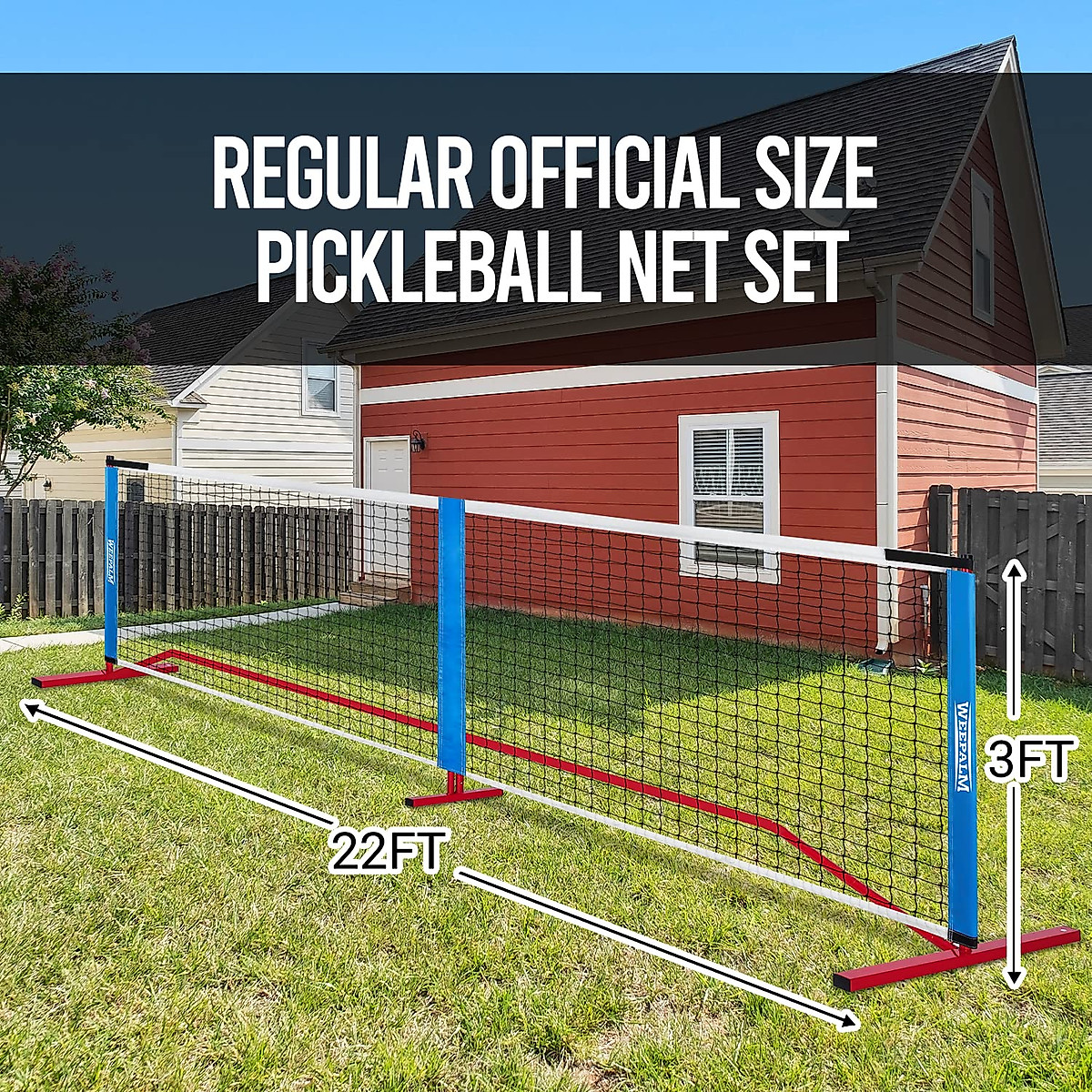 WEEPALM Pickleball Net Set with 4 Pickleball Paddles, 22FT Regulation Size, 2 Outdoor Pickleballs & Retrievers, Carrying Bag, Stable Metal Frame and PE Net for All Weather Use Outdoor Indoor