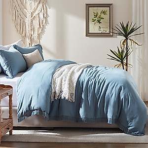 SunStyle Home Blue Grey Duvet Cover Queen Size,3pcs Washed Microfiber Bedding Set,Soft Breathable Tassel Duvet Cover Set with Zipper Closure and Corner Ties for All Seasons (No Comforter)