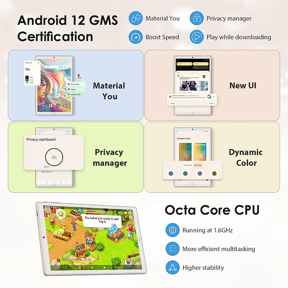 YOTOPT Tablet 10.1 Inch 2 in 1 Android 12 Tablet with Keyboard Case Bundle, Octa-Core Processor, 4GB+64GB ROM 1TB Expand, 8000mAh, WiFi, Bluetooth, GPS, Parent Control Tablets
