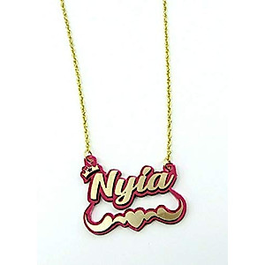 Name Necklace Plate Personalized Custom Nameplate and 1.5" Bamboo Gold Earrings With Swirls Heart and Crown on Top Jewelry Set Color Choice Laser Cut Gold Script Cursive Letters, Quality Gold Chain