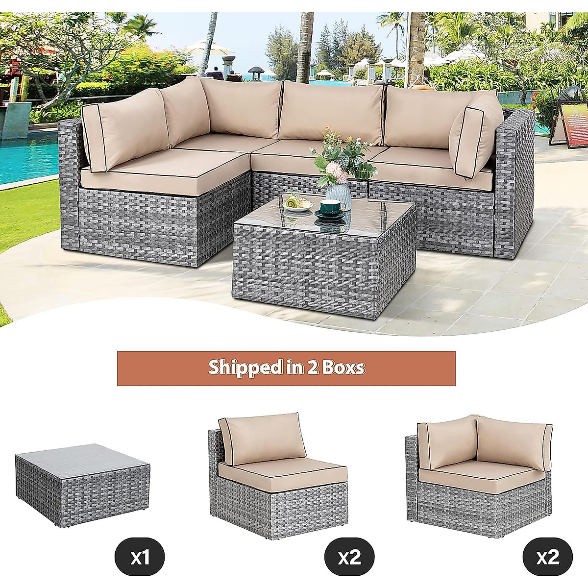 Walsunny Patio Furniture Set, 5 Pieces Outdoor Sectional Sofa Wicker Conversation Sets with Tea Table and Patio Couch Cushions(Khaki)