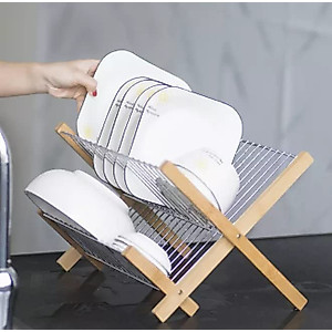 Naytic Stainless Steel Bamboo Foldable Adjustable Large Two Tier Dish Drying Rack Sink Organizer for Kitchen Counters