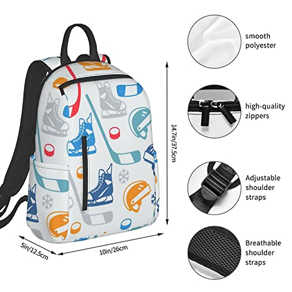 Biviel Hockey Elements Creative Patterned print Lightweight Backpack Simple Casual Shoulder Backpack Hiking Backpacks