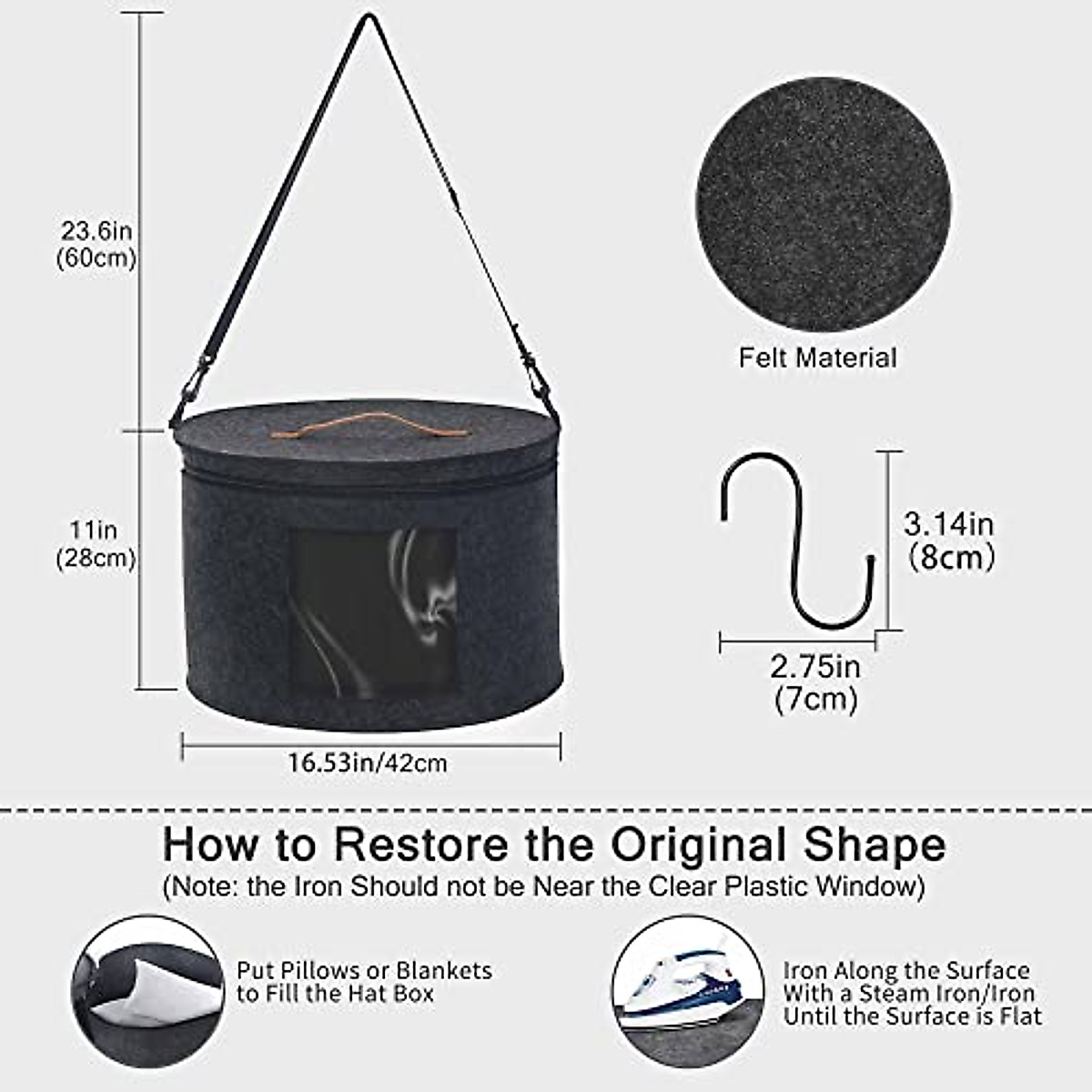 Affogato Hat Box, Hat Storage Box for Women & Men, Travel Hat Box with Handle and Hook, Stackable Felt Cowboy Hat Box with Dust-proof Lid for Clothes Stuffed Animal Toy Storage Travel Bag