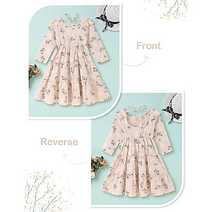 Hipea Toddler Girl Dress Long Sleeve Floral Dress Up Casual Round Neck Back Tie Ruffles Little Girls Fall Dresses 3-4T