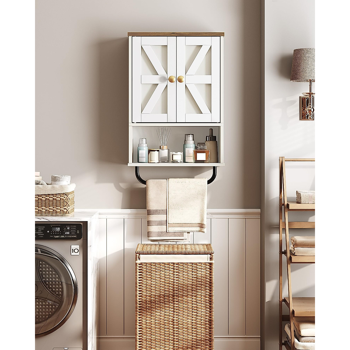 CHOEZON Bathroom Wall Cabinet, Medicine Cabinet with Open Partition and Towel Bar, Rustic Storage Cabinet with Open and Hidden Storage Space, for Bathroom, Living Room, Kitchen, White and Walnut