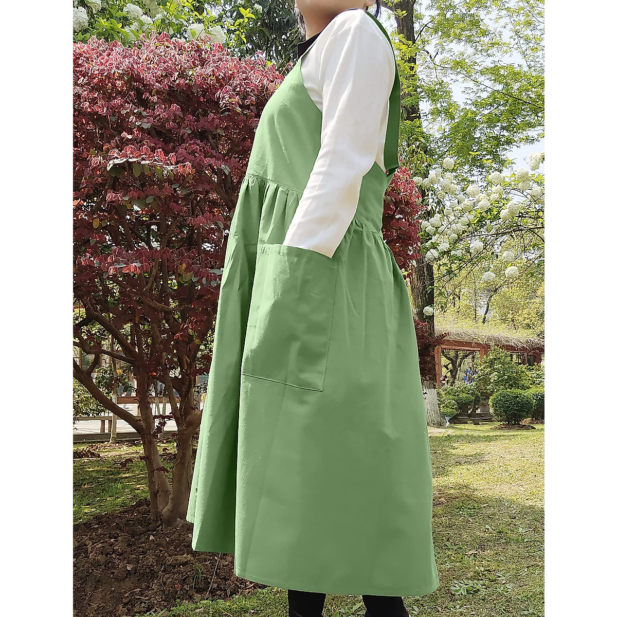 losofar Cotton Linen Square Dress Overalls Kitchen Gardening Solid Color Apron Flower Shop Smock (Green, 92cmx110cm)