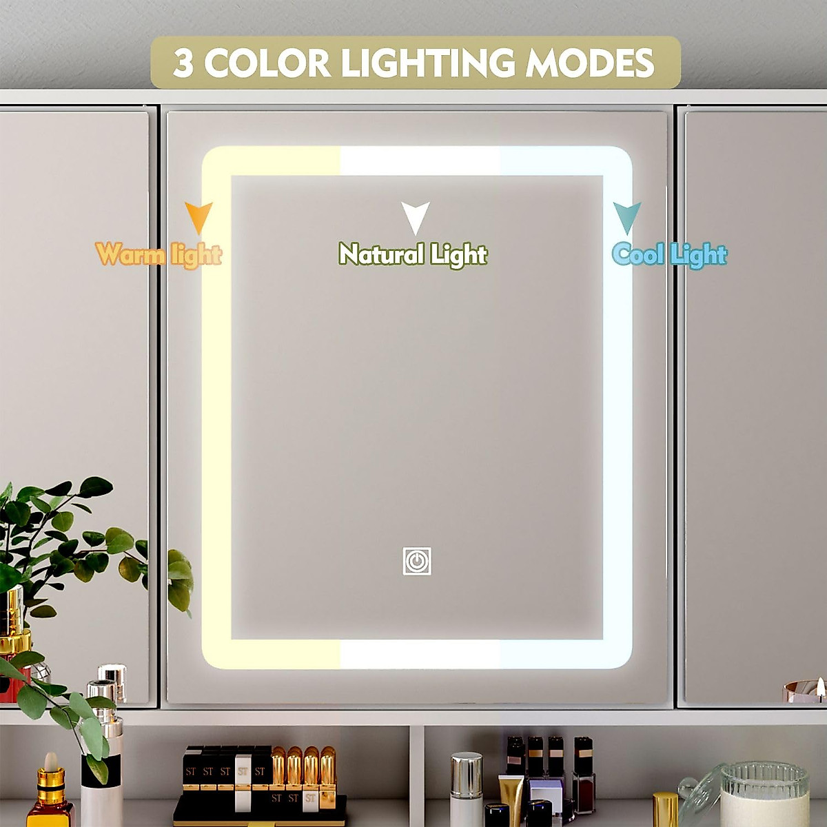 MOUMON Large Vanity Desk with Open Mirror and Lights, Makeup Desk with Drawers and Shelves, Rose-Shaped Crystal Handles, Cushion Stool not Included, White (43.3”W x 18.1”D x 54.1”H)