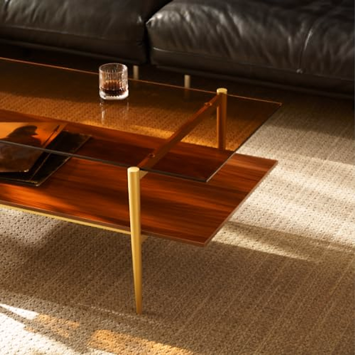 Saint Mossi Tadio Double Layer Glass Coffee Table for Living Room, Brown Glass & Coffee Brown MDF Bottom Shelf