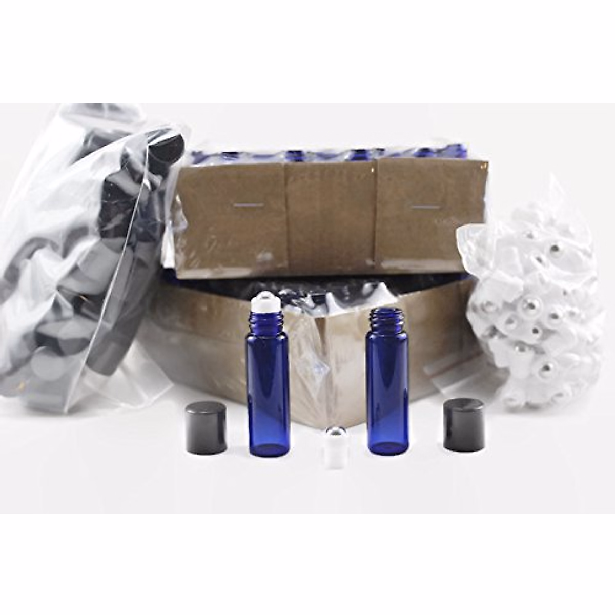 HS HEALTHY SOLUTIONS GLASSWARE 5ml COBALT BLUE Glass Roll On Roller Bottles 144 with Stainless Steel Roller Inserts & Flat Black Screw Caps - Pack of 144 each.
