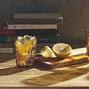 WHOLE HOUSEWARES | Amber Glassware Vintage-Pressed Pattern Set of 6 | 8 oz Embossed Design | Amber Drinking Glasses | For Weddings, Dinners, and Parties | Amber Glasses Drinking