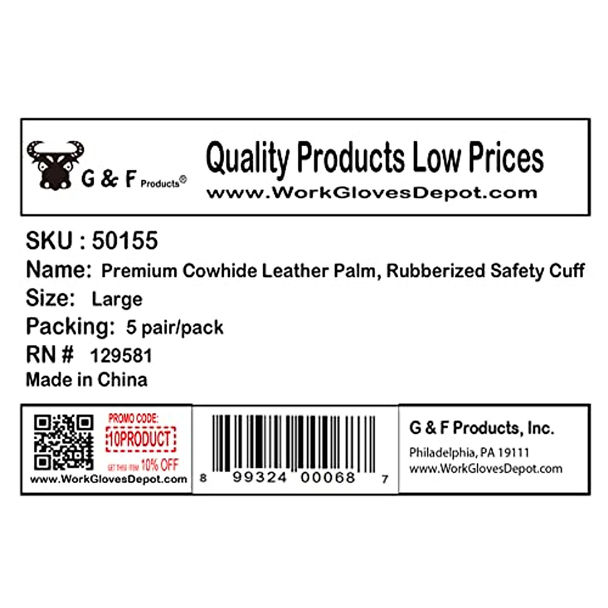 G & F Products unisex adult Safety Cuff Regular Grade work gloves, Grey, Large Pack of 5 US