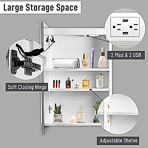 HAINEW Bathroom Medicine Cabinet with LED Lighted Mirror, Wall Mounted Mirror Cabinet, 1 Door, 2 Layers, Anti-Fog, Brightness Adjustment, Power-Off Memory, 2 Plugs, 2 USB Ports, Wall Cabinet, Black