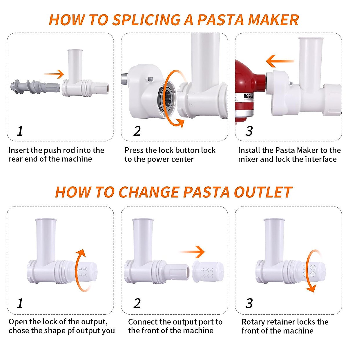 Pasta Maker Attachment for KitchenAid Stand Mixers Included 6 Different Shapes of Pasta Outlet, Durable Pasta Press Attachments and Cleaning Brush,White