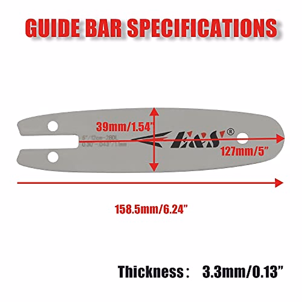 E & S Chainsaw Bar & Chain Combo 5 Inch .043" Gauge .030" Pitch 28 Drive Links, Semi Chisel 5 Inch Chainsaw Chain for Worx WG324E WG324E.9 Model