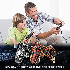 ISHAKO Wireless Controller 2 pack for PS3, Upgraded Joystick Controller for PS3 High Performance Double Shock, Touch Pad, Audio Function compatible with Playstation 3 / Pro/Slim/PC(Flame+Black Skull)
