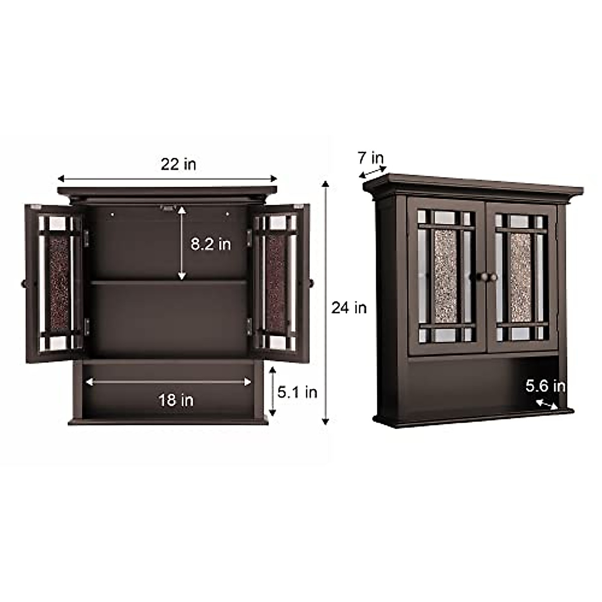 Teamson Home Windsor Over The Toilet Removable Wall Medicine Cabinet with 1 Fixed and 1 Adjustable Shelves 3 Storage Spaces 2 Glass Mosaic Doors and Rubbed Bronze-Finished Knobs, Dark Espresso