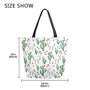 Canvas Shoulder Bag Llama Cactus Flower Large Tote Handbag Travel Satchel for Women Girls