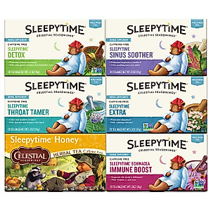 Celestial Seasonings Wellness Tea Sleepytime Variety Pack, Detox, Sinus Soother, Throat Tamer, Sleepytime Extra, Honey, Immune Boost, Caffeine Free Sleep Tea, 20 Tea Bags (Pack of 6)