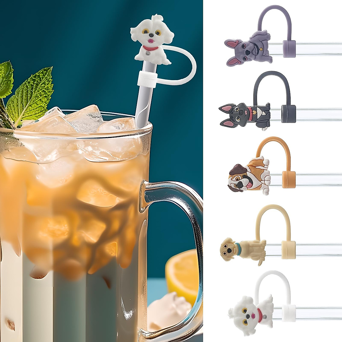 Velaco 5Pcs 0.4in/10mm Diameter Silicone Straw Covers Cap for Stanley 20 30&40 Oz Cup, 5 Different Dog Straw Toppers for Stanley 40 Oz Tumbler with Handle, Dust-Proof Straw Caps for Water Bottle