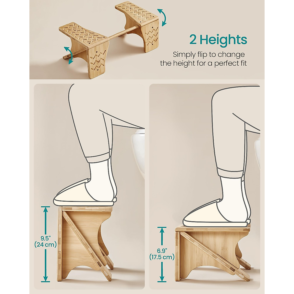 SONGMICS Bamboo Toilet Stool, Adjustable Poop Stool with Non-Slip Grooves, Height Convertible to 6.9 or 9.5 Inches, Squat Potty Stool for Bathroom, Space-Saving, Natural Beige UBCB111N01