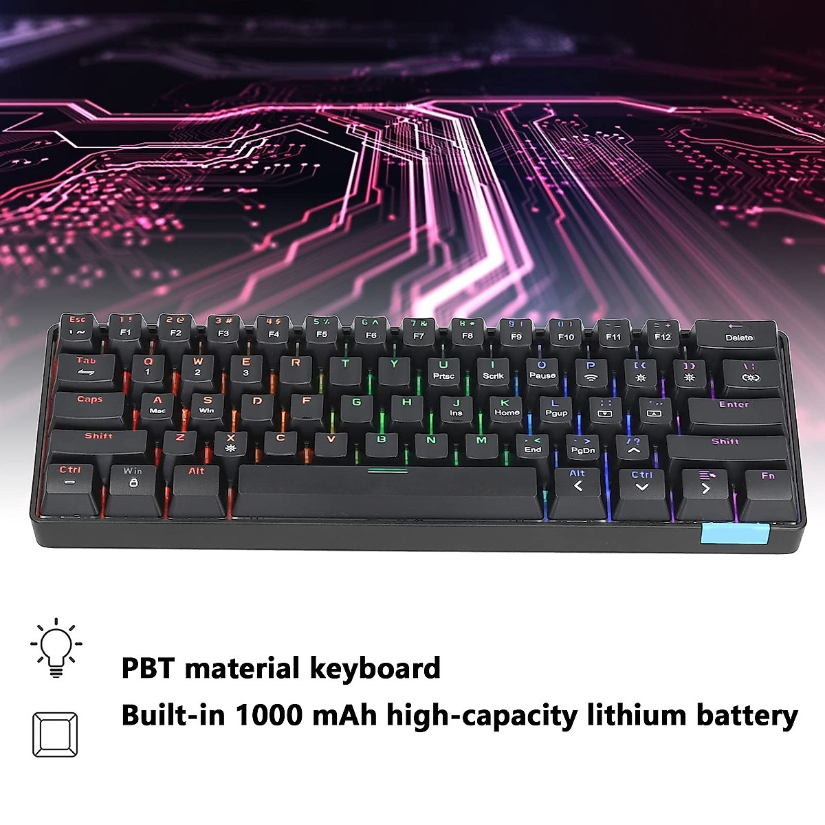 Kafuty-1 STK61 PBT Wireless Gaming Keyboard, 61 Keys LED Backlight Rechargeable Mechanical Keyboard, USB C Bluetooth Keyboard, for Win 2000/XP/VISTA/7/8/10/Linux/OS X(Black Tea Shaft)