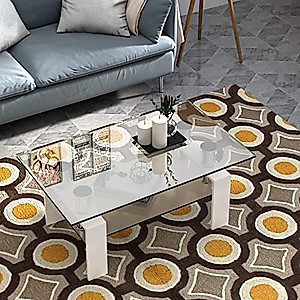 Tangkula Rectangular Glass Coffee Table, Modern Side Coffee Table w/Lower Shelf, Tempered Glass Tabletop & Metal Legs, Suitable for Living Room Office (White)