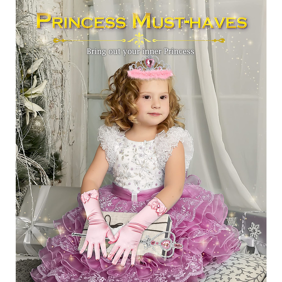 Princess Dress Up Accessories Princess Gloves, BIBUTY 7pcs Dress Up Set for Toddler Girls with Princess Crown, Wand, Gloves, Necklace, Earrings, Bracelet and Ring, Costume Toys for 3-6 yr Little Girls