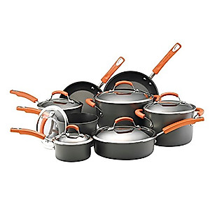 Rachael Ray Brights Hard-Anodized Nonstick Cookware Set with Glass Lids, 14-Piece Pot and Pan Set & Brights Hard Anodized Nonstick Stock Pot/Stockpot with Lid, 10 Quart, Gray with Orange Handles