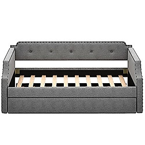 Twin Size Upholstered Daybed with Trundle, Wood Slat Support,Upholstered Frame Sofa Bed,Gray