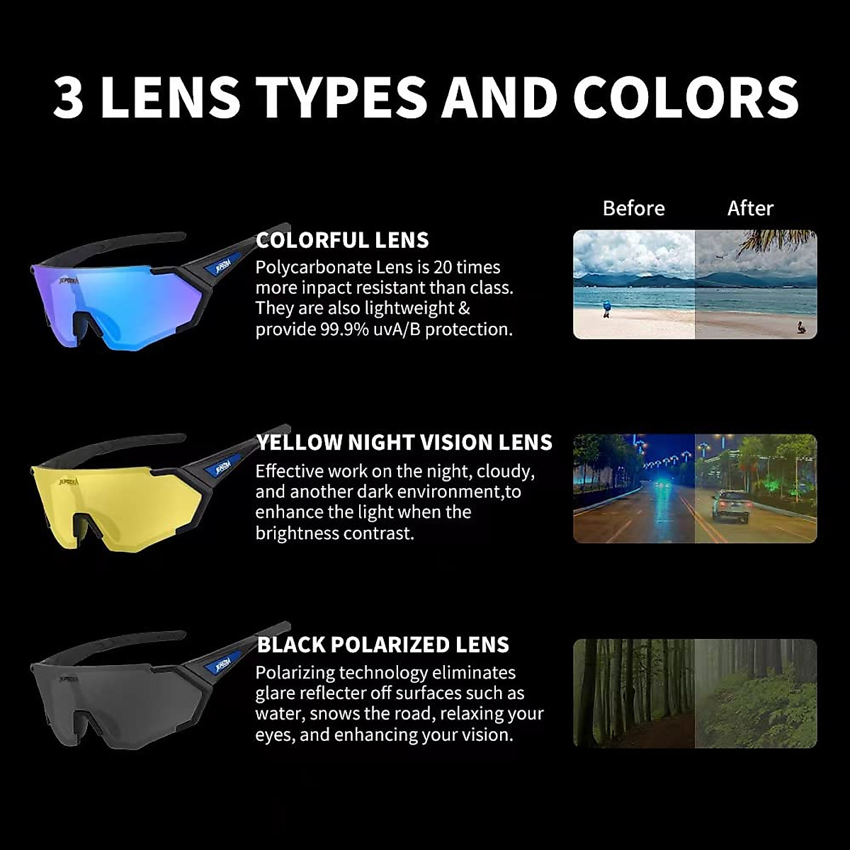 JEPOZRA Polarized Cycling Glasses with 3 Interchangeable Lenses Riding Glasses Ski Glasses Baseball Running Sports Sunglasses