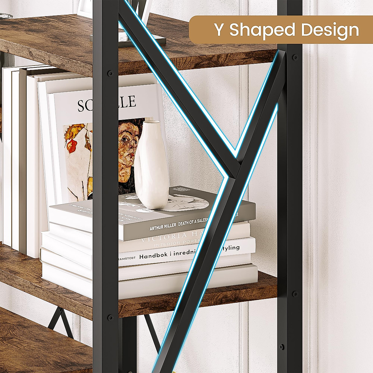 IDEALHOUSE Triple Wide 5 Tier Book shelf, Tall Bookshelf with Open Display Shelves, Industrial Large Bookshelves and Bookcases with Metal Frame for Living Room, Bedroom, Home Office-Rustic Brown