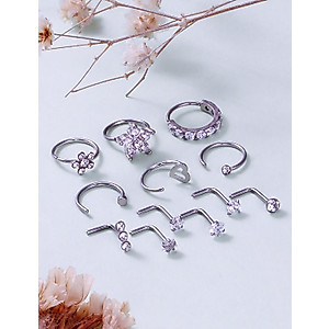 Ftovosyo 20G Surgical Steel Nose Rings Hoop for Women Men, Paved CZ Flower Piercing Jewelry L Shaped Nose Ring Stud Set
