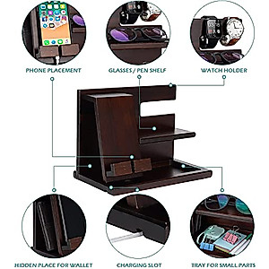 ZORMY Wood Phone Docking Station, Nightstand and Watch Organizer Ash Key Holder Wallet, Wooden Bedside Stand for Cellphone, Ring, Wallet, Pen, Coin for Men Husband Anniversary Dad Birthday