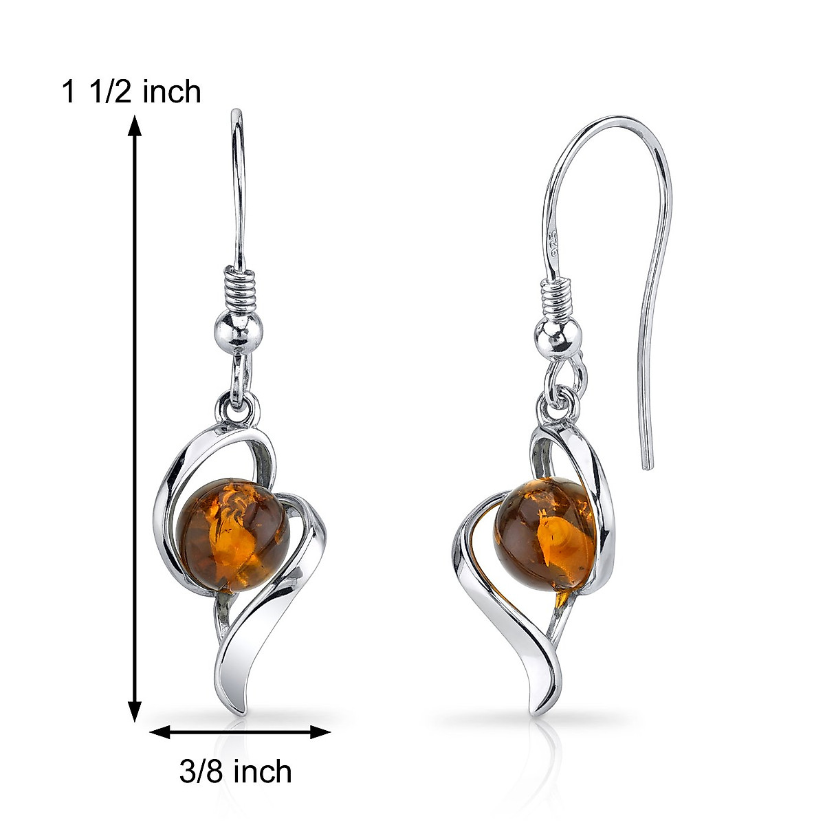 Peora Genuine Baltic Amber Open Spiral Dangle Earrings for Women 925 Sterling Silver, Round Shape, Rich Cognac Color, Fishhooks
